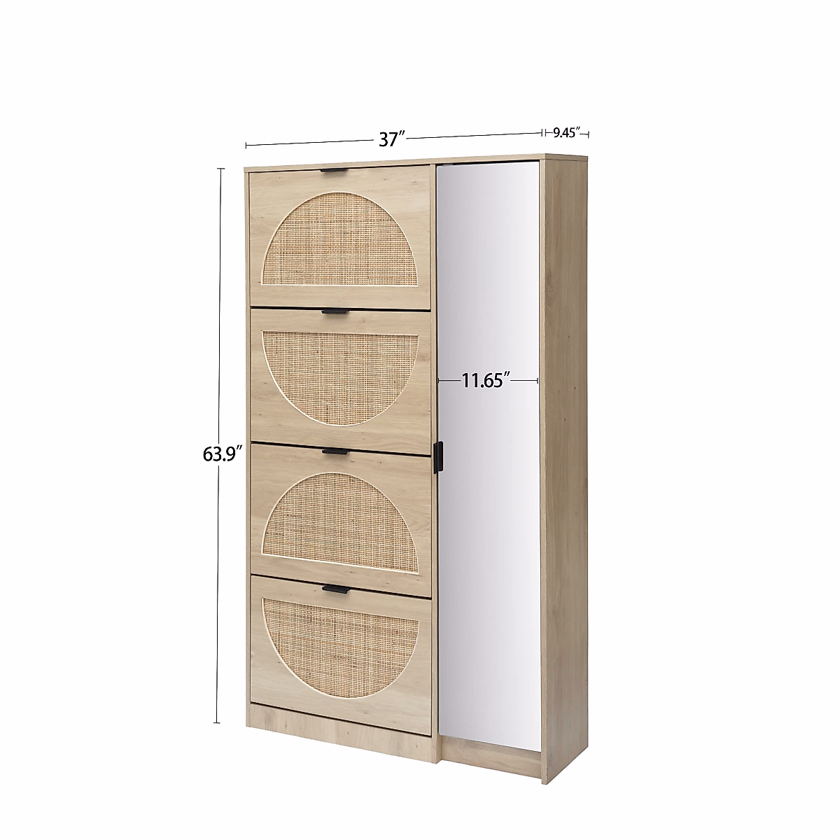 Shoe Cabinet for Entryway,Rattan Shoe Cabinet with Mirror and 4 Flip Down Drawers,Narrow Shoe Cabinet with Natural Rattan Doors and 4 Storage Shelves,Freestanding Shoe Organizer for 24 Pairs of Shoes