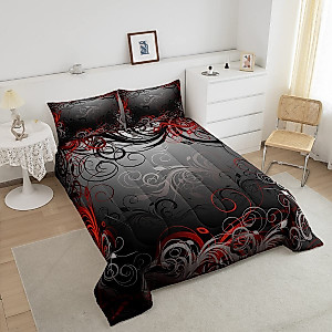 Homewish Gray Floral Swirls Comforter Set Twin Size,Gothic Leaf Bedding Set 2pcs for Kids Teens Adult Room Decor, Abstract Mystic Trippy Quilt Set Black Red Duvet Insert with 1 Pillowcase