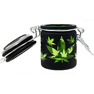 Airtight Glass Herb Mini Stash Jar with Clamping Lid in Choice of Design (Black Frosted with Green Leaf)