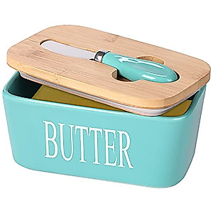 Ceramic Butter Dish with Wooden Lid, Lxmons Large Butter Container Keeper Storage with Stainless Steel Butter Knife Spreader, Bamboo Cover and Silicone Sealing Ring for West East Coast Butter, Green