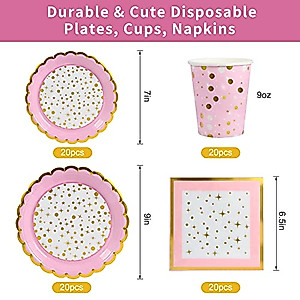 Pink and Gold Disposable Party Dinnerware Set, 20 Guest -141PCS with Paper Plates, Napkins, 9oz Cups, Plastic Silverware(Forks, Knives, Spoon), and Tablecloths, Party Supplies for Birthday Decoration