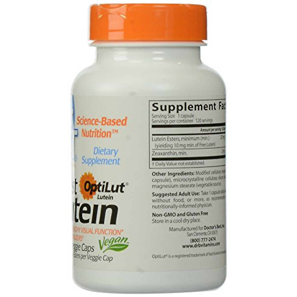 Doctor's Best Lutein with OptiLut, Non-GMO, Vegan, Gluten Free, Soy Free, Eye Health, 10 mg, 120 Veggie Caps