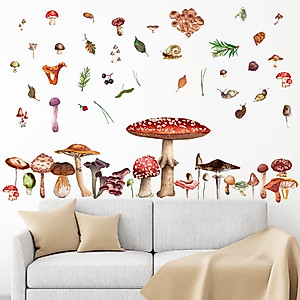Glenmal 72 Pcs Watercolor Mushroom Wall Decals Giant Mushroom Decal Walls Peel and Stick Removable Mushroom Wall Decor Wallpaper Vinyl Wall Sticker for Bedroom Furniture(Retro Style)