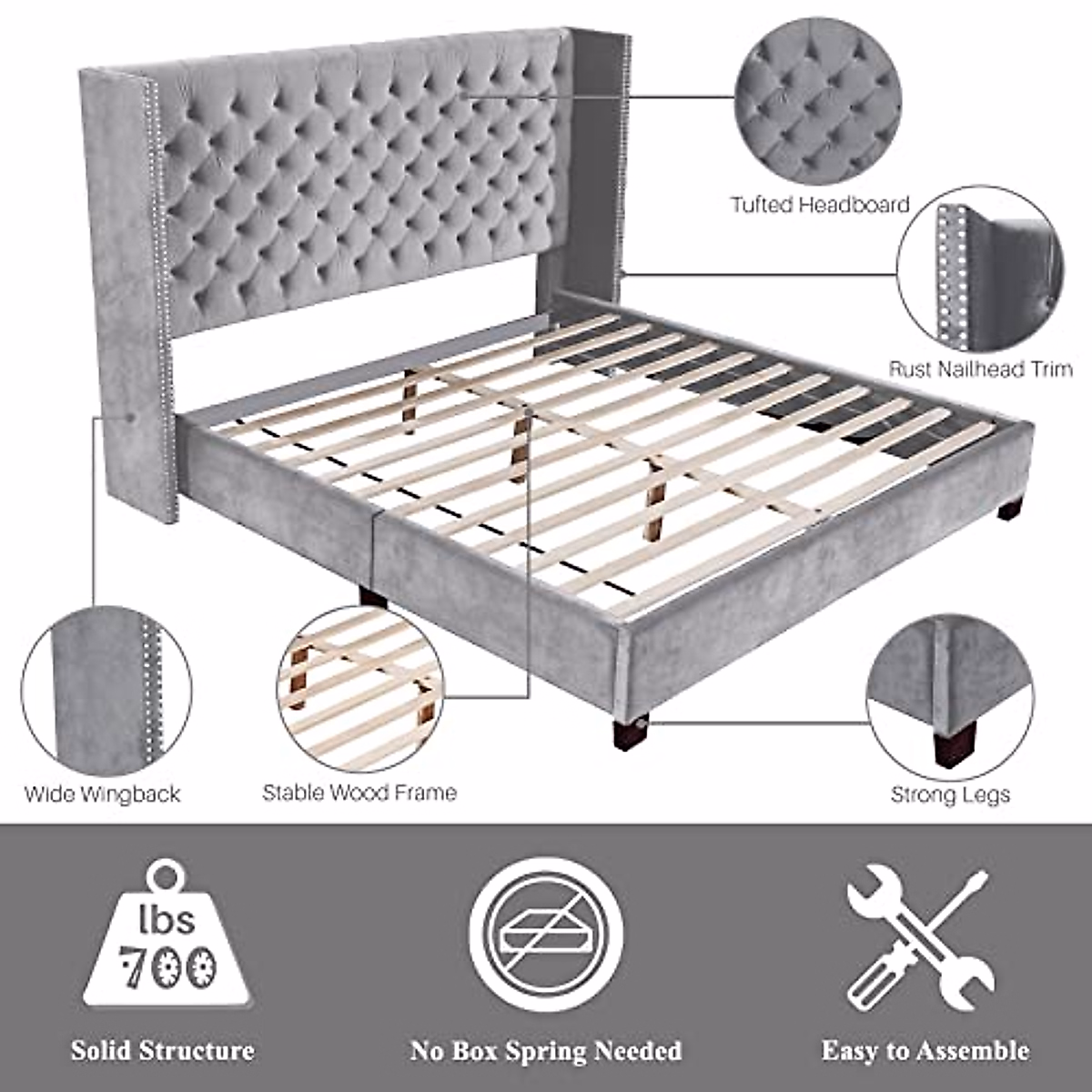 Nathaniel Home Aliyah Velvet Upholstered Platform Bed Deep Button Tufting Frame Bed with Wingback Headboard/Mattress Foundation/Wood Slat Support/No Box Spring Needed/Easy Assembly, Silver, King