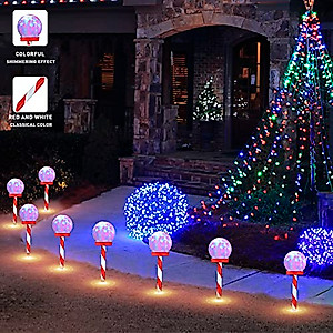 EAMBRITE 4PK RGB Ball Candy Cane Pathway Markers Light with Rotating Projector Waterproof Outdoor Stake Lights Decorative for Pond Garden Patio Landscape