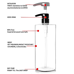 Youngever 4 Pack Pump Bottles for Shampoo 32 Ounce (1 Liter), Empty Shampoo Pump Bottles, Plastic Cylinder with Lockdown-Leak Proof-Pumps (Black Pump)