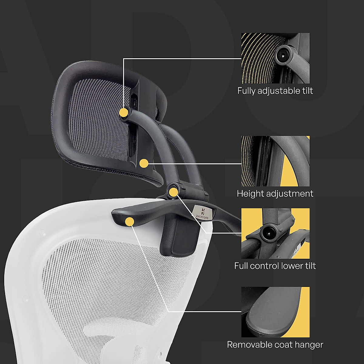ERGOKING Headrest Compatible with Herman Miller Aeron Remastered Fully Adjustable Height & Tilt, Removable Coat Hanger Graphite Frame, Graphite Mesh