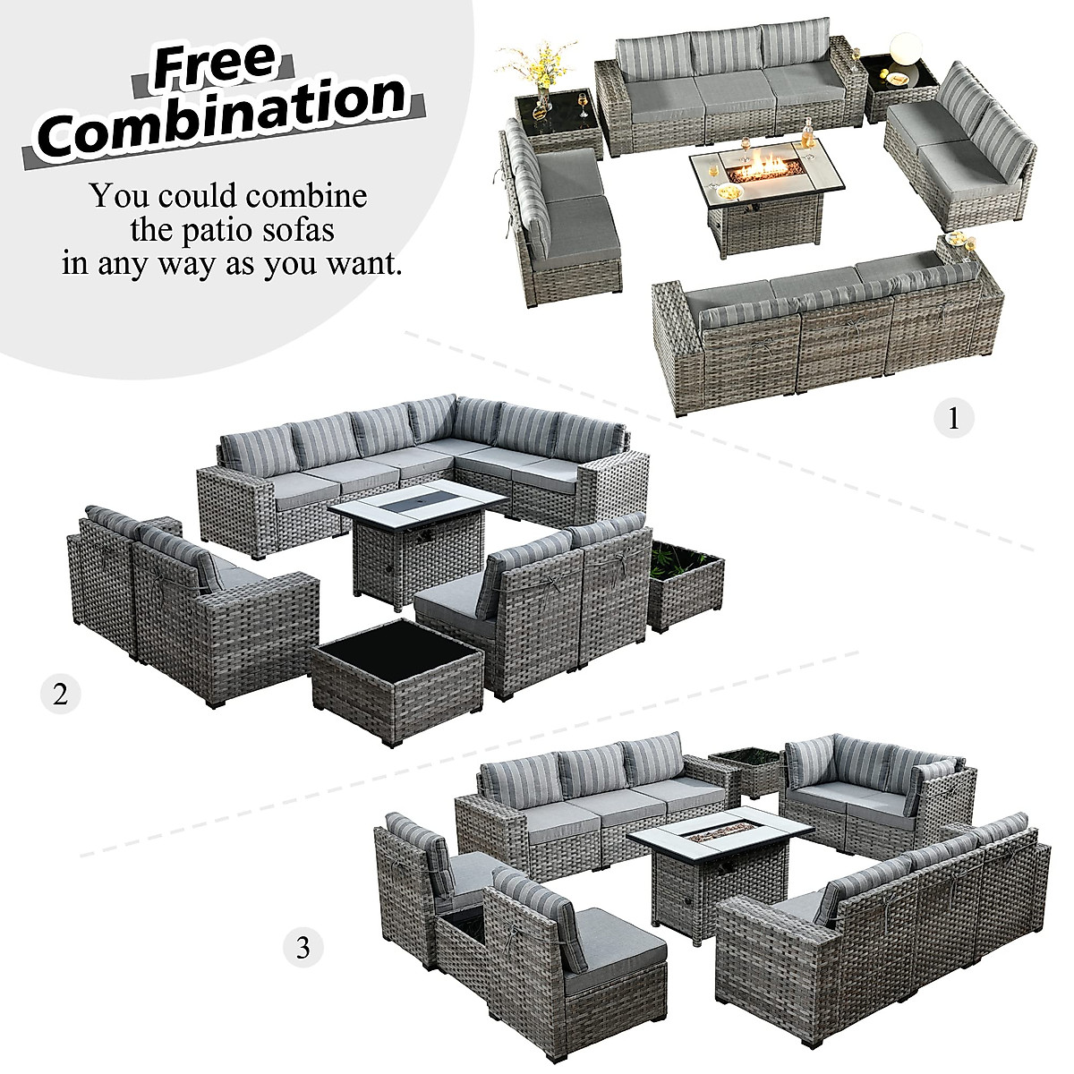 HOOOWOOO Outdoor Patio Sectional Furniture Sofa Set with Propane Fire Pit Table,13 Piece Large Modern Wicker Couch with Widened Armrest,Modular L Shaped Conversation Seating Set(Grey Strip)