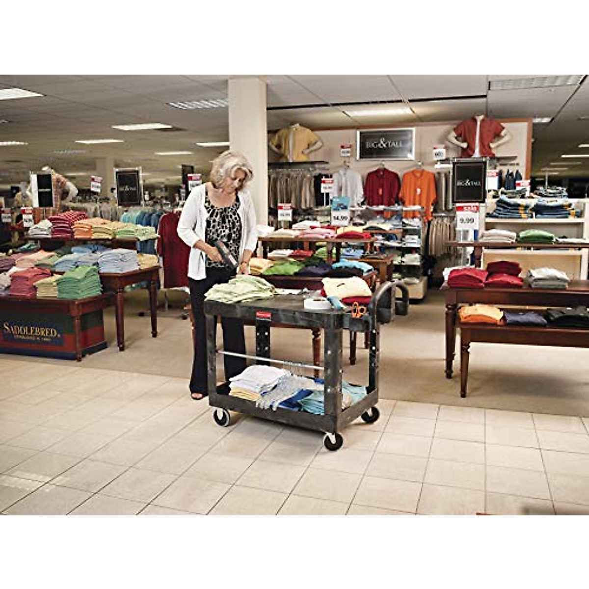 Rubbermaid Commercial Products 2-Shelf Utility/Service Cart, Medium, Flat Shelves, Ergonomic Handle, 500 lbs. Capacity, for Warehouse/Garage/Cleaning/Manufacturing (FG452500BLA)