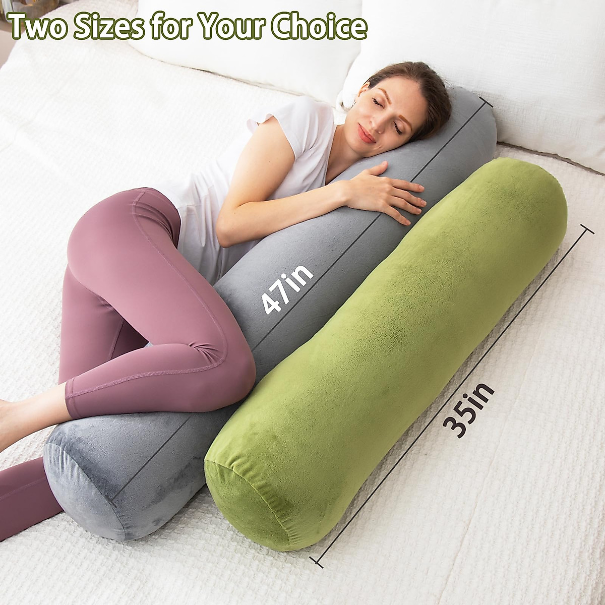 1 MIDDLE ONE Bolster Pillow for Bed, Long Round Body Pillow for Adults with Removable Velvet Cover, Decorative Tube Roll Cylinder Pillow, 47 x 7.87 Inch, Green
