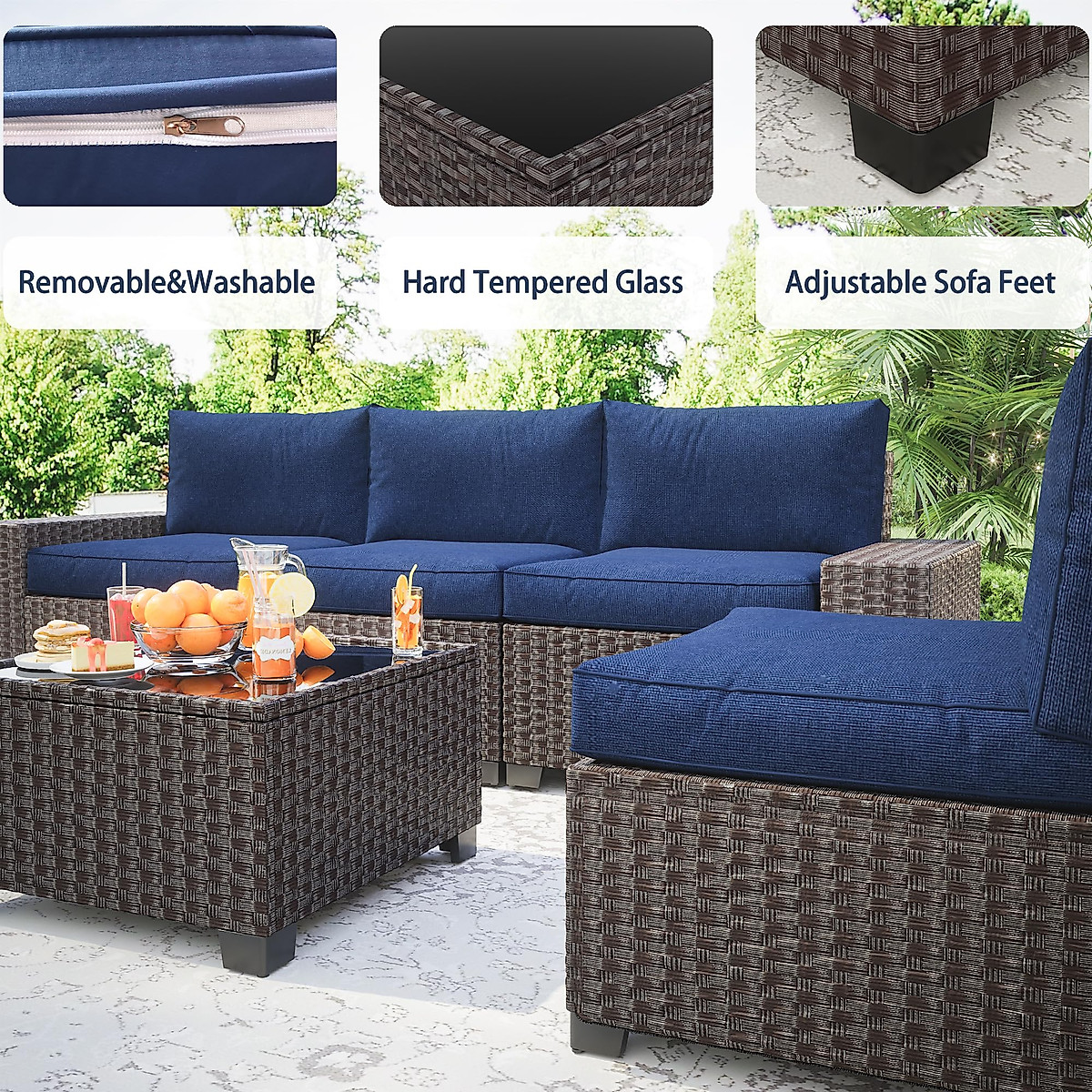IDEALHOUSE 6 Pieces Blue Patio Sectional Furniture Set, Wicker Conversation Sets Patio Furniture, Brown Patio Sofa with 5 Navy Blue Seat Cushions and 1 Glass Coffee Table