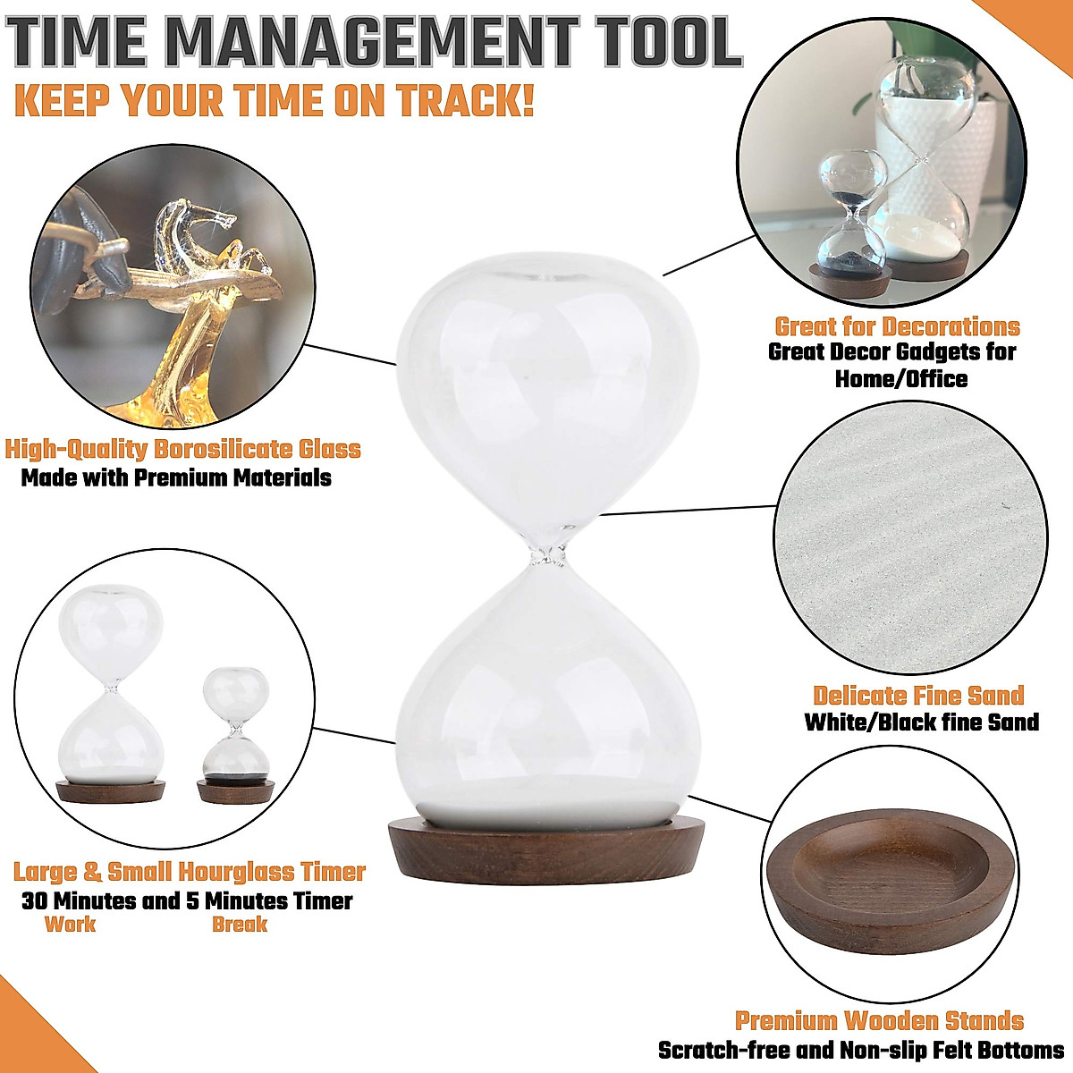 Sand Hourglass Timer Hour Glass– with Balls Desk Toy Sculpture – 30 min and 5 Minute Sand Clock for Office, Home, Desk Decor (Black and White)