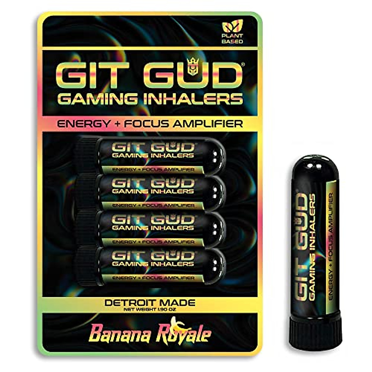 GIT GUD® Gaming Vapor Inhaler | Energy + Focus Amplifier for Esports Athlete Gamer | Stimulating Aromatherapy Scent | Portable Pre Workout Performance Disposable | Banana Royale (4 Pack)