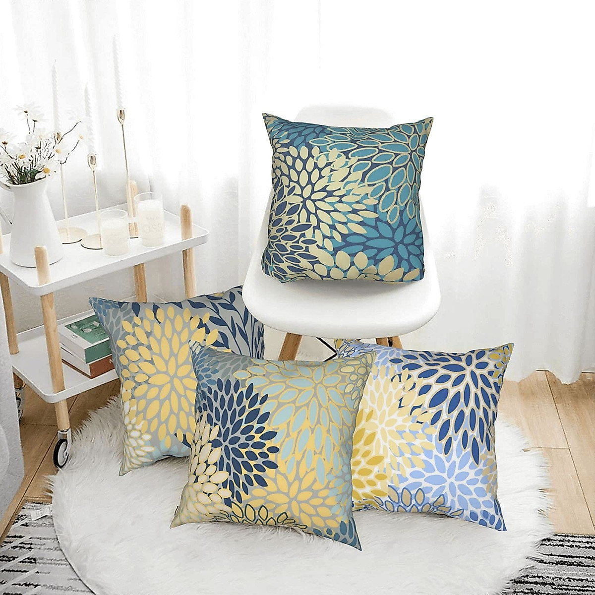 Set of 4 Throw Pillow Covers 18x18 Inch Floral Blooms Modern Abstract Flower Throw Pillow Covers Home Pillowcases Garden Blue Yellow Gray Flowers Dark Teal Yellow Cushion Case Decorative Pillowcases