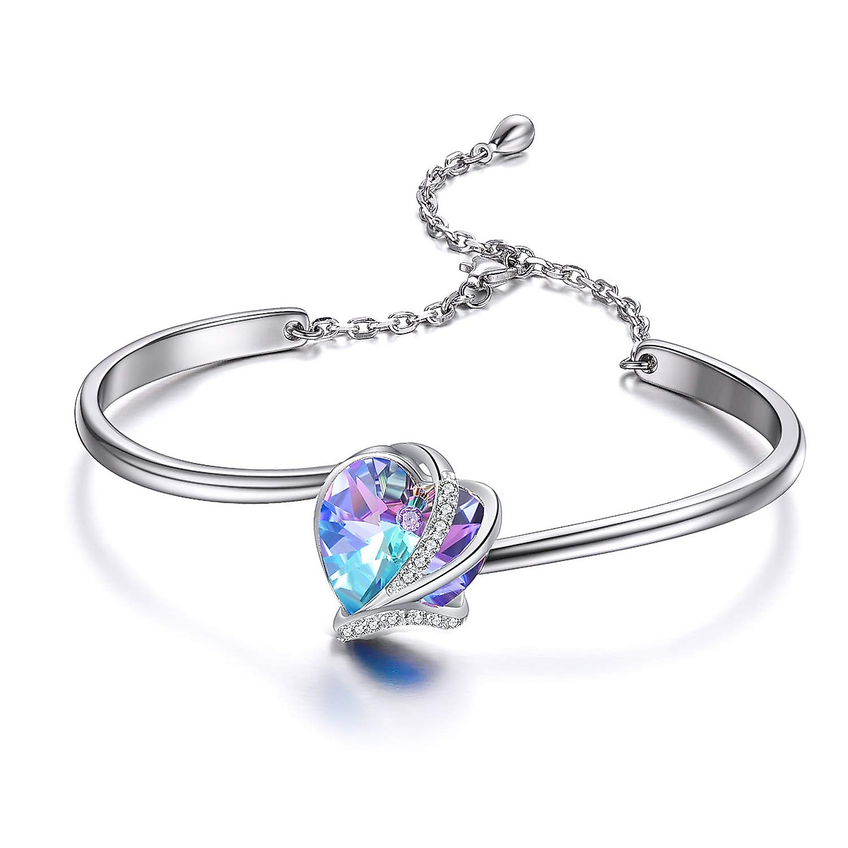 AOBOCO Love Heart Bangle Bracelet Sterling Silver Women Bracelet Embellished with Blue-purple Crystals from Austria, Fine Anniversary Birthday I Love You Jewelry Gifts for Wife Girlfriend Daughter