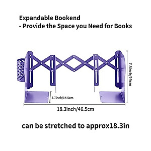 MSDADA Adjustable Bookends, Book Ends for Heavy Books, Expandable Book Organizer with Pen Holder for Desk, Shelf, Office, for 6 7 8 9-15 Boys and Girls, Extends up to 19 inches (Purple)