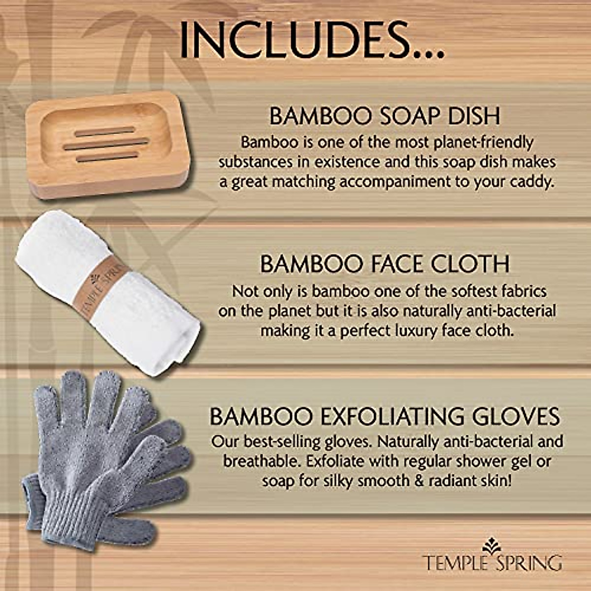 Temple Spring Bath Caddy - Extendable Bath Tray for Bathtub with Candle, Wine Glass, Book, iPad & Phone holders - Adjustable Bath Table shelf over tub with bathroom accessories - (Bamboo Natural Wood)