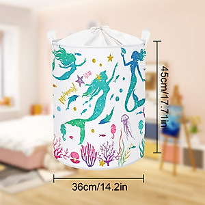 Clastyle 45L Blue Mermaid Nursery Hamper for Girls Collapsible Sea Coral Clothes Toy Baby Basket with Lid for Bathroom
