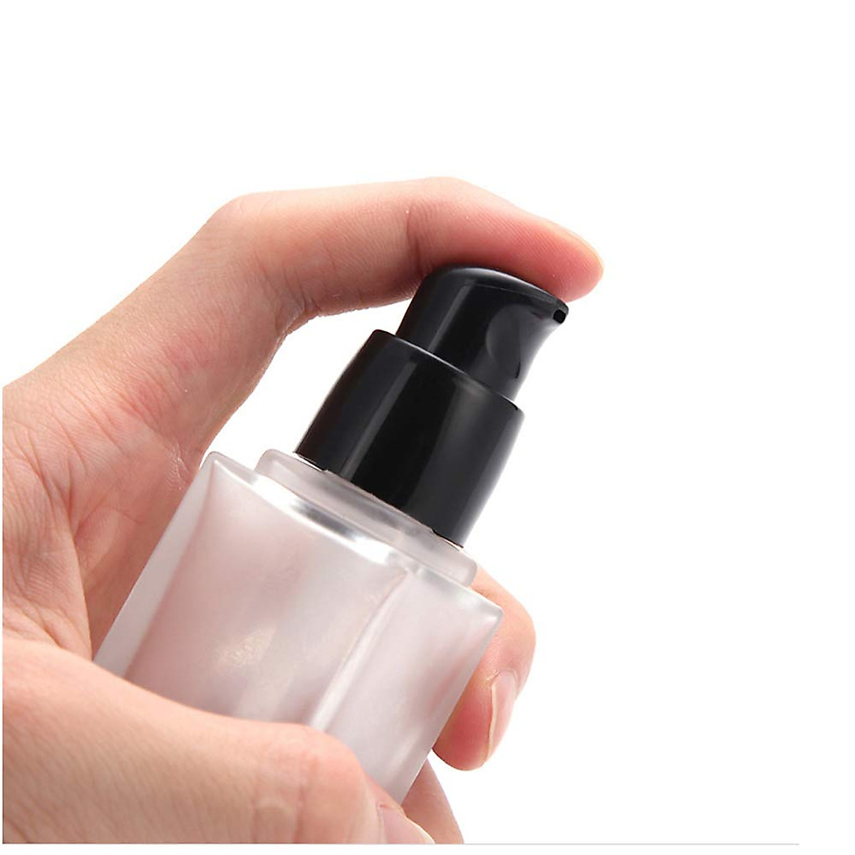 USRommaner 4 Pack,1 oz/30ml Matte Glass Essence Lotion Pump Bottle,Empty Square Cosmetic Container Travel Liquid Foundation Base Dispenser Vials with Pressure Pump Head and Lid