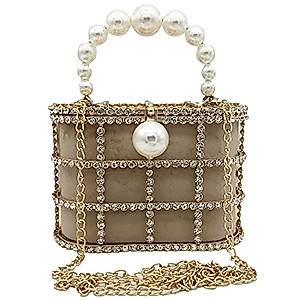 DDQYYSPP Synthetic Pearl Top-Handle Women Metal Bucket Bag Crystal Evening Purses and Clutches Formal Wedding Handbags, Gold