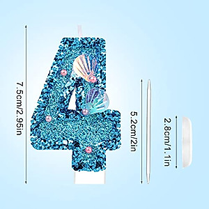 3 Inch Birthday Number Candle, Blue Shell Sequins Number Candles Glitter Number Candle Cake Numeral Candles Cake Topper for Birthday Anniversary Mermaid Themed Party (4)