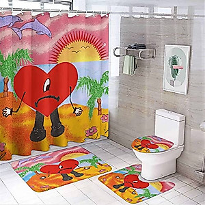 Bad Cute Bunny 4 PC Bathroom Shower Curtain Sets, with Non-Slip Rugs, Toilet Lid Cover and Bath Mat, Durable and Waterproof Bathroom Complete Set Decor Accessory 71" X 71"