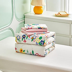 Joyreap 4 Piece Toddler Bedding Set, Floral Strips Design, Ultra Soft Microfiber Toddler Comforter for Kids Boys Girls, Includes Quilted Comforter, Fitted Sheet, Top Sheet, and Pillow Case