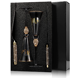 Boao 4 Piece Wedding Toasting Flutes and Cake Server Set Wedding Reception Supplies Champagne Glasses Cake Knife Pie Server (Gold)