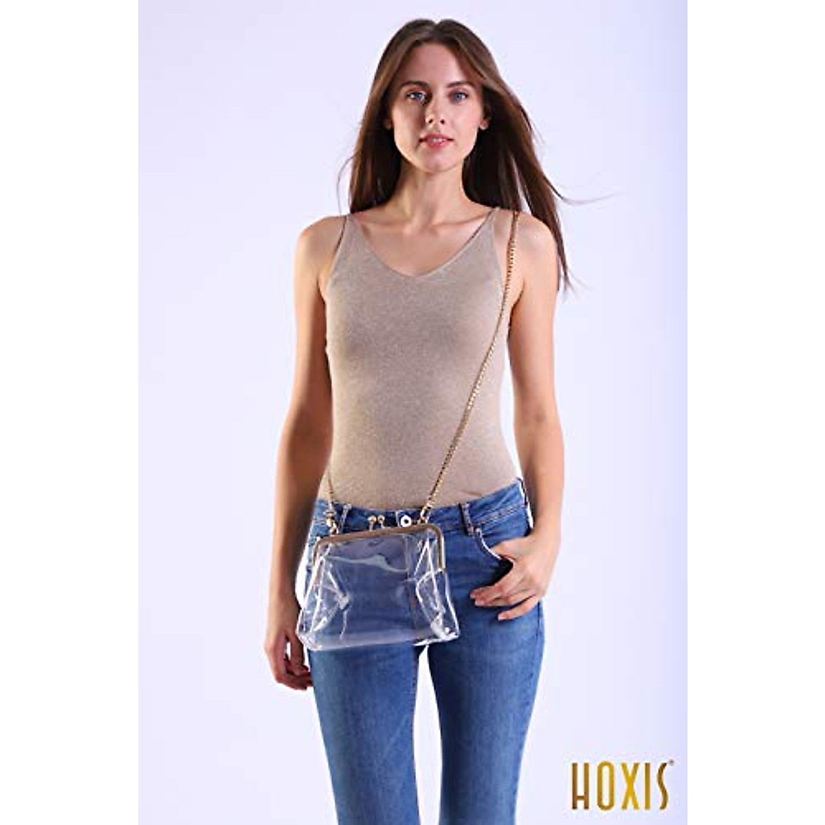 HOXIS Clear Transparent PVC Kiss Lock Chain Cross Body Bag Womens Clutch