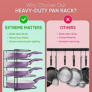 Extreme Matters Heavy Duty Pot and Pan Organizer Holder - Holds Cast Iron Skillets, Pots, Frying Pan, Lids - Durable Steel Construction Griddles and Shallow Pots - Space Saving Kitchen Storage - Black