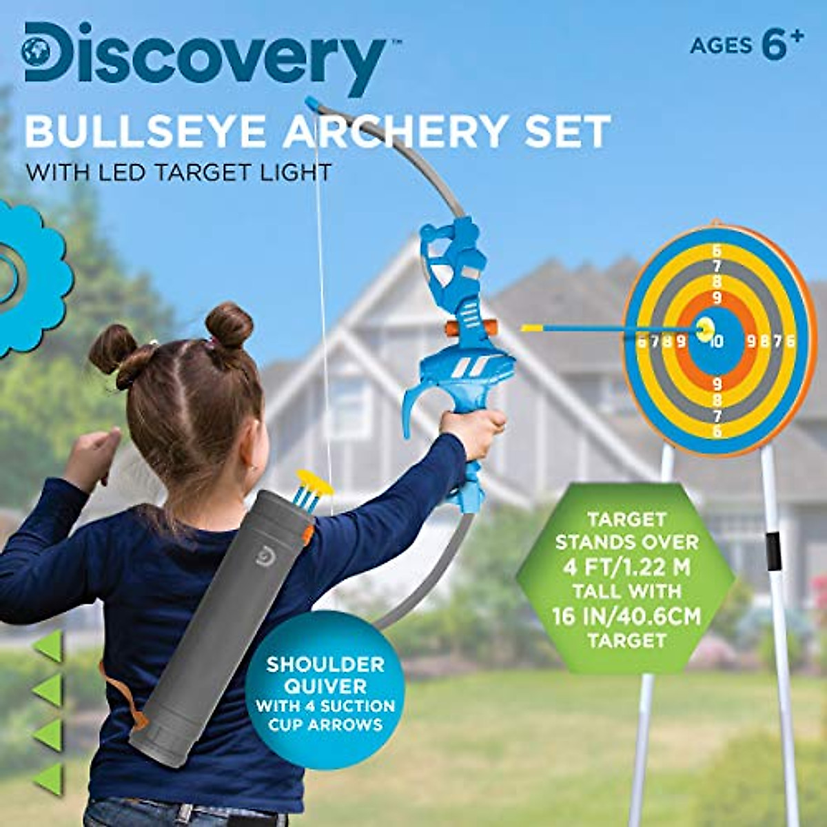 Discovery Kids Bullseye Outdoor Archery Set with LED Target Light-Up Toy Night/Day Activity Includes 4 Arrows, Quiver with Strap, 1 Bow for Ages 6+ and Older