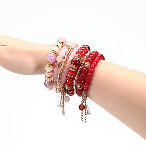 WuCuifu 8 Packs Beaded Bracelets Bohe Multilayer Chain Tassel Stackable Charm Stretch Statement Bracelet Set