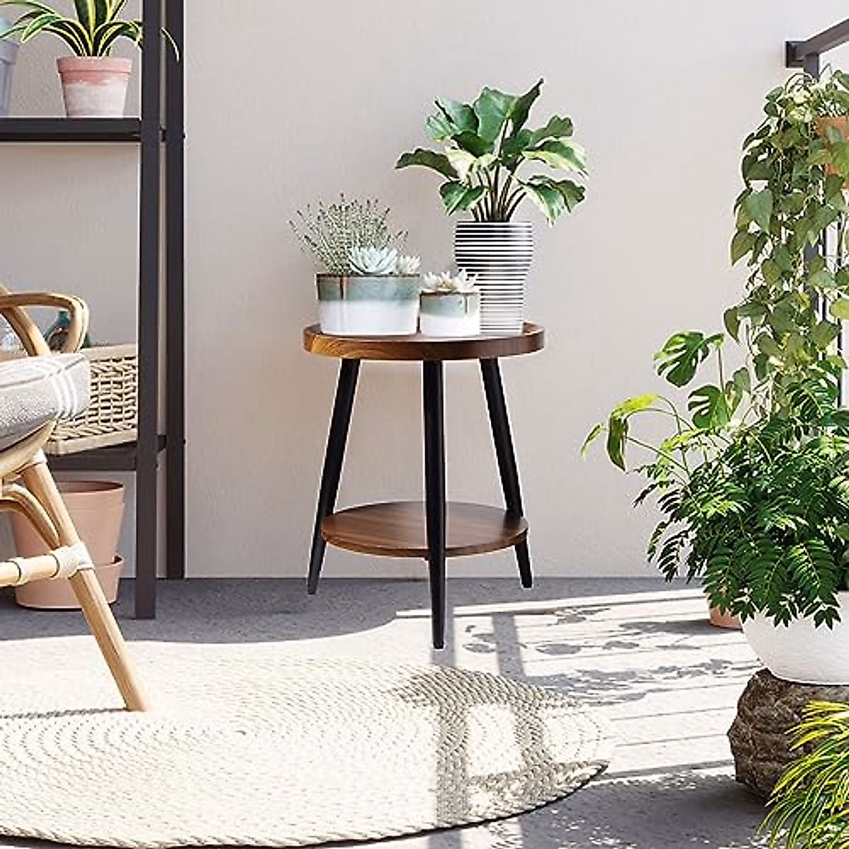 FANTERSI Small Round Side Table, 2-Tier Mid Century Modern Side Table, Round End Table Small Side Table for Living Room, Metal Frames, Brown