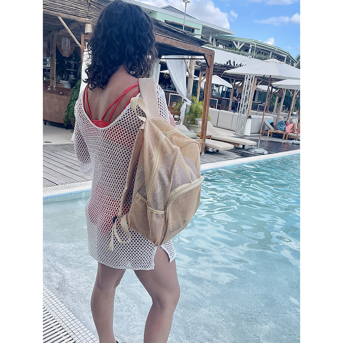 Mesh Swimming Pool Backpack (Tan)
