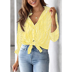 AISEW Womens Button Down Shirts Striped Classic Long Sleeve Collared Office Work Blouses Tops with Pocket (Yellow, 7002L)