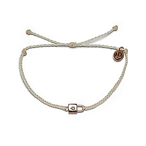 Pura Vida Rose Gold-Plated Lock Charm Bracelet w/Rhinestone - Adjustable Band, Brand Charm - Vanilla