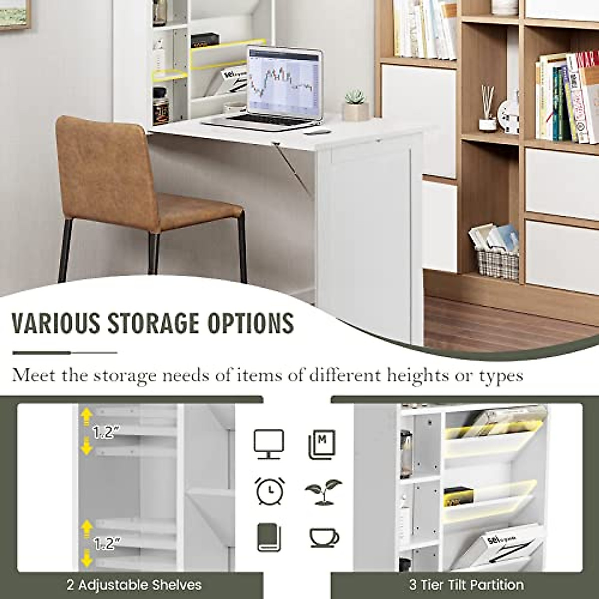 LDAILY Moccha Foldable Wall Mounted Table w/Classified Storage Space, Multiple-Purpose Desk, Sturdy Wood Structure, Floating Convertible Desk/Cabinet, Ideal for Home, Apartment, Narrow Place (White)