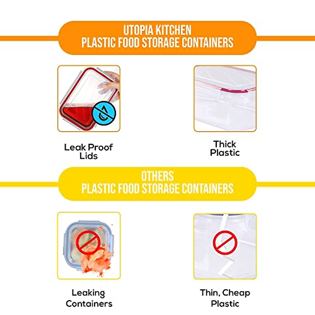 Utopia Kitchen Plastic Food Storage Container Set with Airtight Lids - Pack of 6 (3 Containers & 3 Snap Lids)- Reusable & Leftover Food Lunch Boxes - Leak Proof