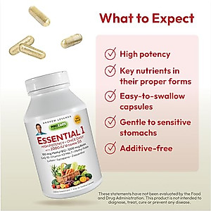 ANDREW LESSMAN Essential-1 Multivitamin 2000 IU Vitamin D3 180 Small Capsules – 100 mcg Methyl B12. CoQ10 Lutein Lycopene Zeaxanthin. High Potency. No Additives. Gentle Ultra-Mild. One Daily Capsule