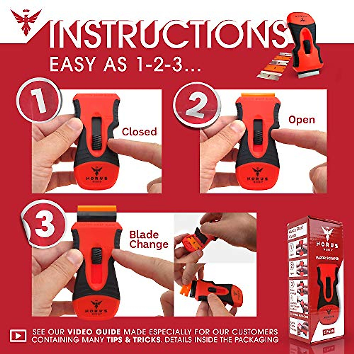 Razor Blade Scraper Set of 2 – Multi-Purpose Razor Scraper Designed to Remove Labels, Stickers, Decals, Caulk, Adhesive, Paint - Bonus Steel and Plastic Blades for Heavy Duty and Delicate Cleaning