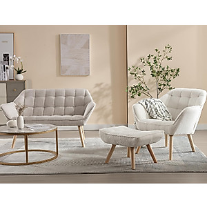 ZH4YOU Sherpa Accent Chair with Ottoman, Modern Lounge Chair with Footrest Upholstered Sofa Armchair with Wood Legs Comfy Reading Chair for Small Spaces/Living Room/Bedroom/Apartment, White