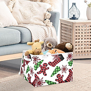 Christmas Storage Baskets Collapsible Storage Bins with Lids, Buffalo Plaid Checkered Christmas Stockings Snowflakes Gingerbread Men and Christmas Trees Storage Boxes Clothes Baskets for Organizing