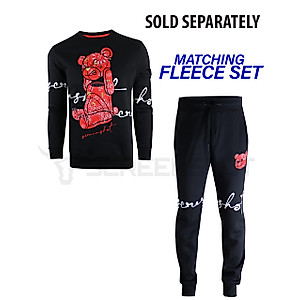 SCREENSHOT-F1122 Mens Urban Hip Hop Premium Fleece - Head Lifting Paisley Cartoon Teddy Bear Crew Neck Streetwear Sweatshirt-Black/Red-Large