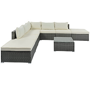 8-Pieces Outdoor PE Wicker Sectional Sofa Set, Outdoor Patio Furniture Sets with Coffee Table and Water Resistance Cushions, All-Weather Conversation Set for Garden Backyard Patio (Beige)