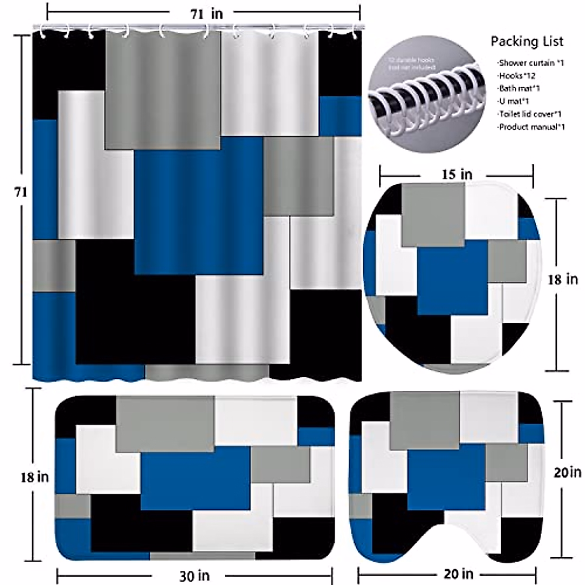 ENYORSEL Blue Bathroom Sets with Shower Curtain and Rugs, 4 Piece Geometric Bathroom Shower Curtain Set with Rugs, Incl Shower Curtain with 12 Hooks, Bath Mat, U-Shaped Floor Mat, Toilet Lid Oval Rug