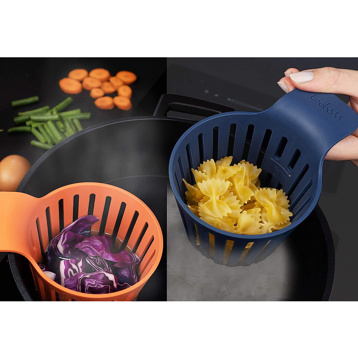 TREBONN, Cookin’ Pod 3 Piece Set, Single Portion Slotted Strainers for Pasta and Vegetables, Everyday Use, Coral Purple Blue-Gray, 1 Set