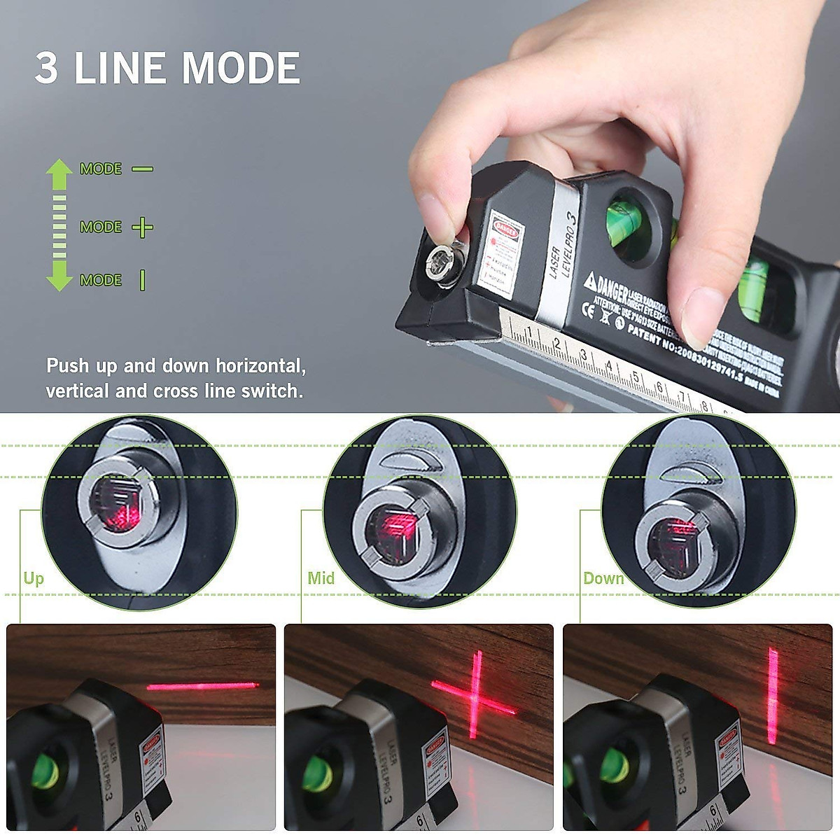 Qooltek Multipurpose Laser Level 8 feet Measure Tape Ruler Adjusted Standard and Metric Rulers for hanging pictures with Metal Tripod Stand