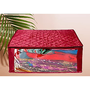atorakushon Satin Fabric Foldable Garments Saree Blouse Cover Bag Pouch Closet Wardrobe Organizer With Clear Window Zipper Lock Pack of 3 (Maroon)