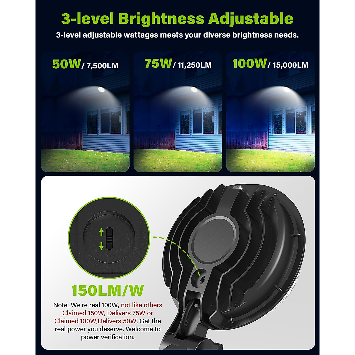 100W LED Flood Lights Dusk to Dawn Outdoor Lighting with Photocell, 15000LM Dimmable 100W/75W/50W LED Barn Light, 5000K, IP65 Waterproof LED Security Lights Area for Yard/Farmhouse/Garage/Porch/Street