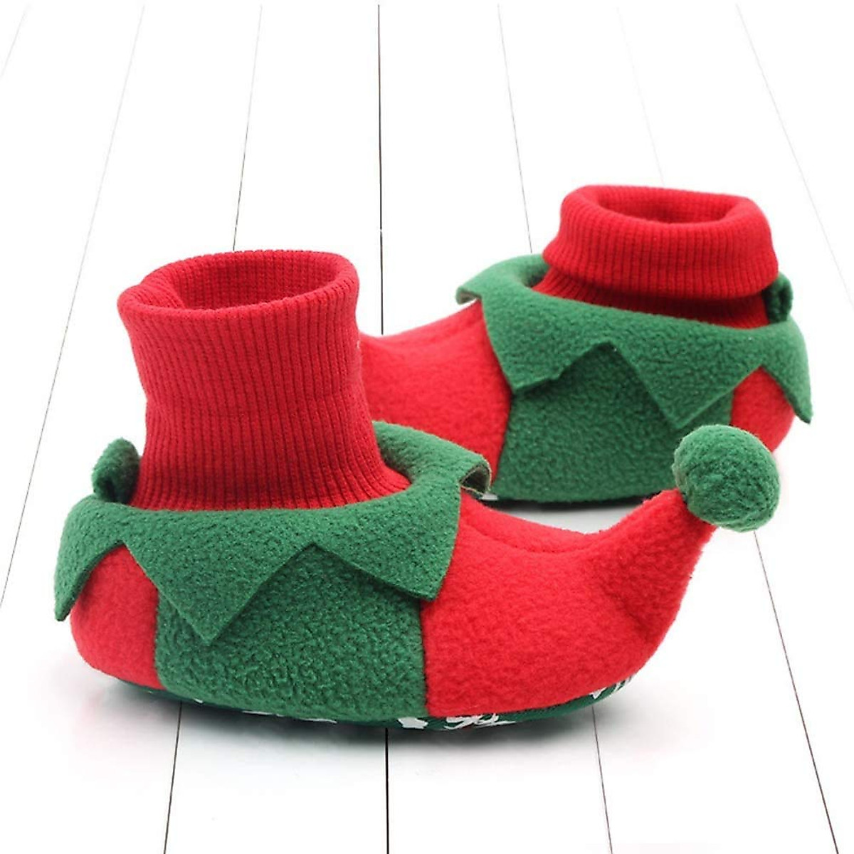 Taotenish Newborn Infant Shoes Newborn Plush Warm Snow Boots Santa Claus Shoes - Green and Red, 13CM